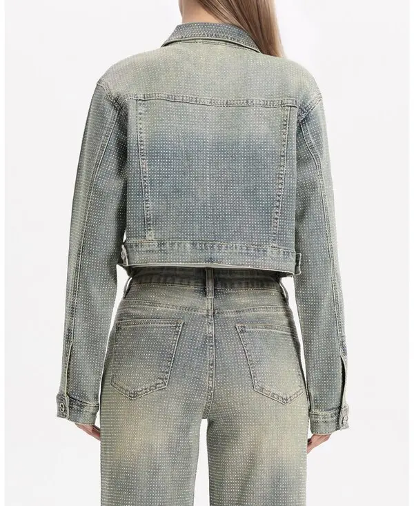 BAYEAS Denim Jacket With Rhinestone Stretch Comfortable Wear In Pureedge