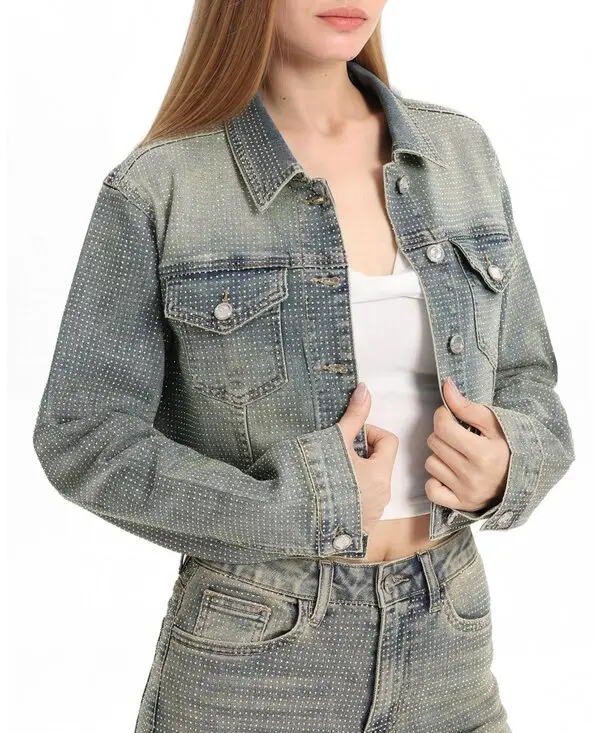 BAYEAS Denim Jacket With Rhinestone Stretch Comfortable Wear In Pureedge