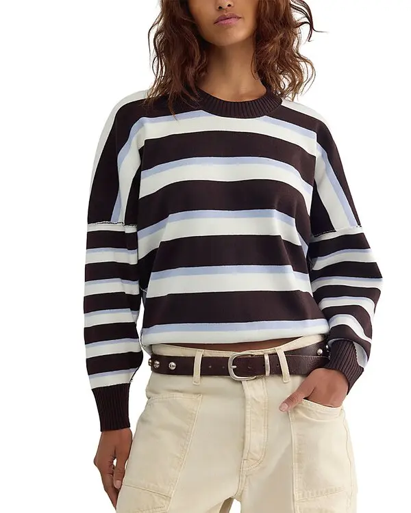 Free People Striped Alma Pullover Sweatshirt - Chocolate