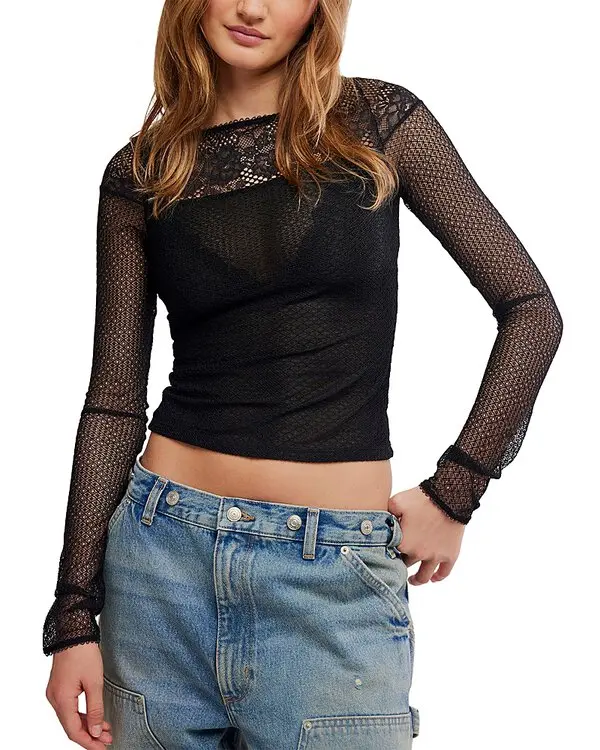 Free People Night Mode Mesh Lace Layering Top - Black