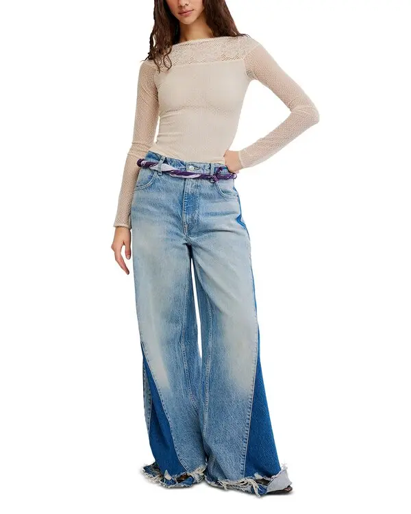 Free People Night Mode Mesh Lace Layering Top - Tea