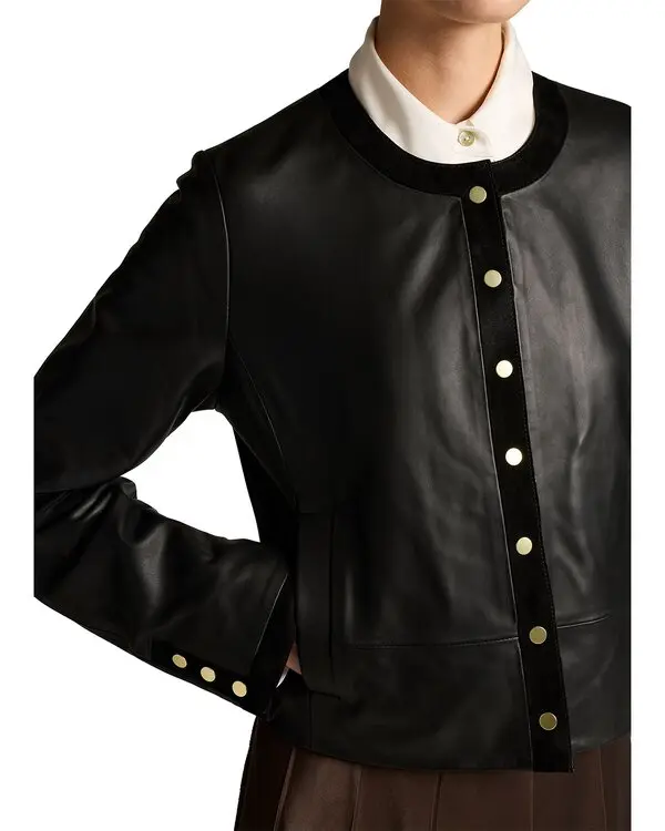 Vince Collarless Crop Leather Jacket - Black