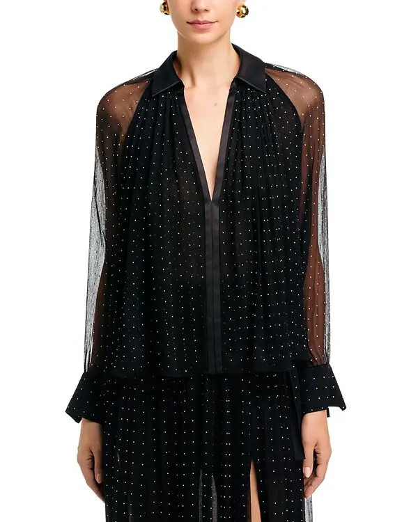 Vince Spread Collar Polka Dot Sheer Sleeve Top