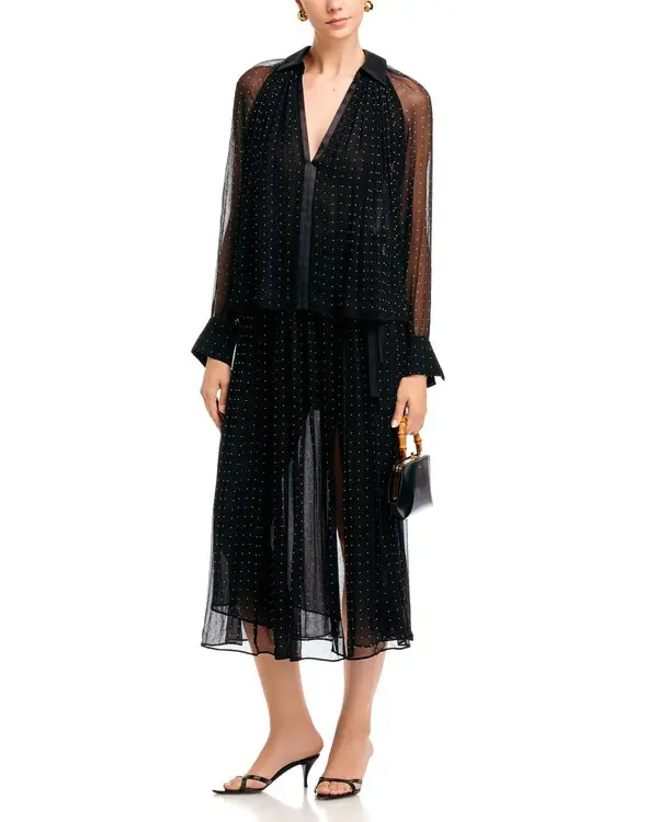 Vince Spread Collar Polka Dot Sheer Sleeve Top