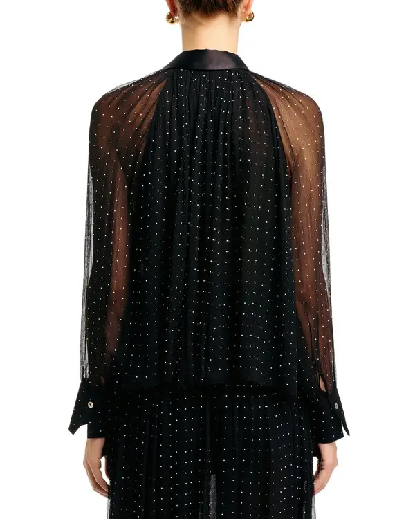 Vince Spread Collar Polka Dot Sheer Sleeve Top