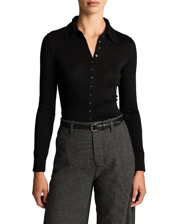 Vince Collared Button Front Long Sleeve Top - Black