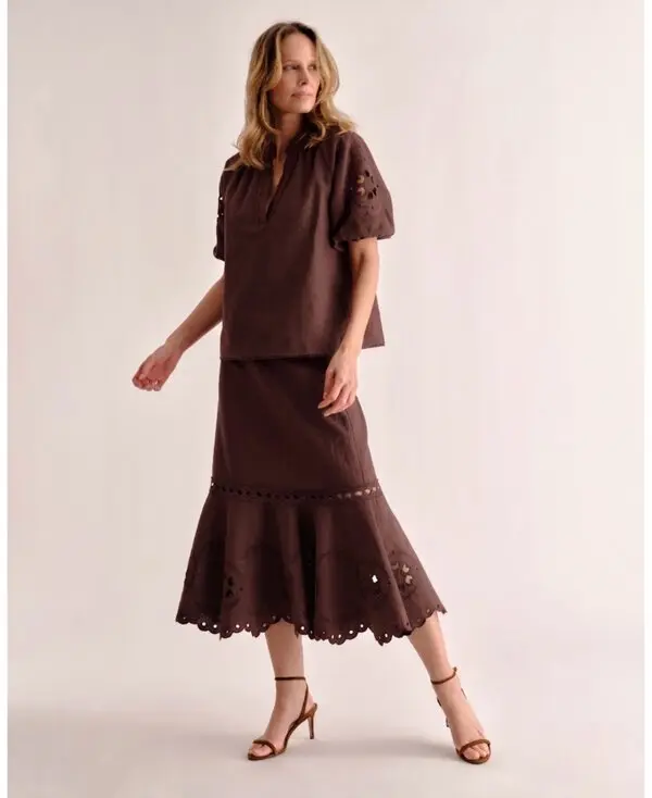 CARTOLINA Marlo Embroidered Linen Midi Skirt - Red