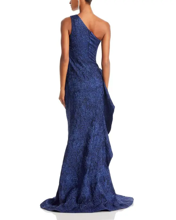 Rickie Freeman For Teri Jon Metallic Jacquard One-shoulder Gown - Black Blue
