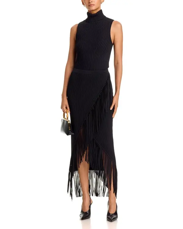 TOCCIN Giana Asymmetric Fringe Midi Skirt