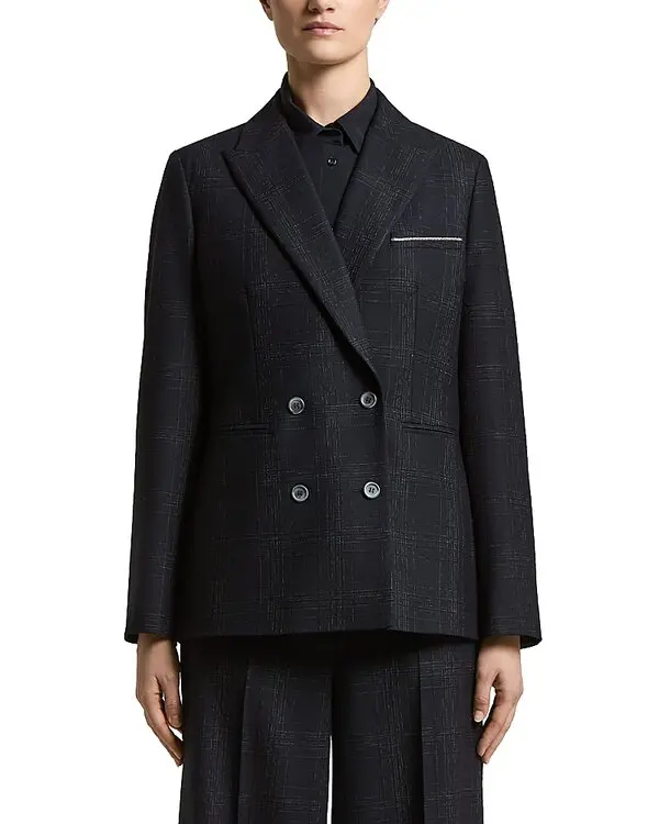 Peserico Double Breasted Blazer Jacket In Stretch Wool Blend Check Flannel With Lurex