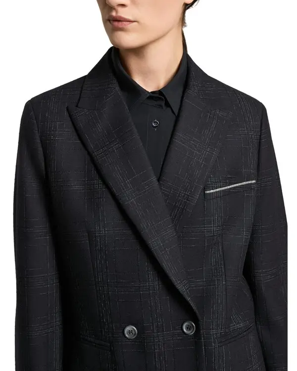Peserico Double Breasted Blazer Jacket In Stretch Wool Blend Check Flannel With Lurex