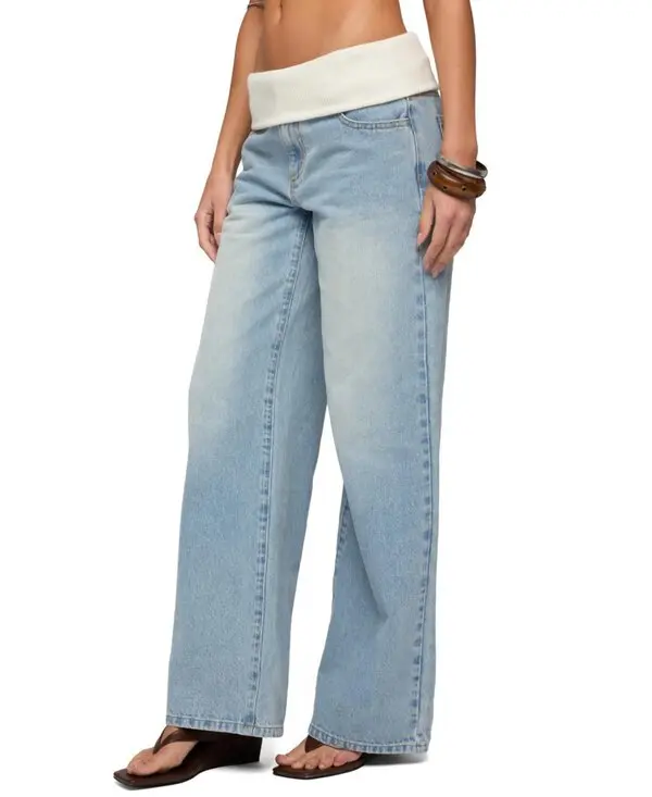 EDIKTED Knit Foldover Low Rise Baggy Jeans