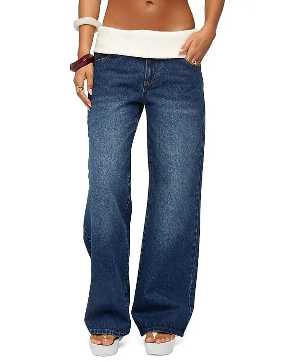 EDIKTED Knit Foldover Low Rise Baggy Jeans - Medium-blue-washed