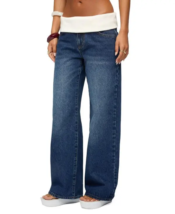 EDIKTED Knit Foldover Low Rise Baggy Jeans - Medium-blue-washed