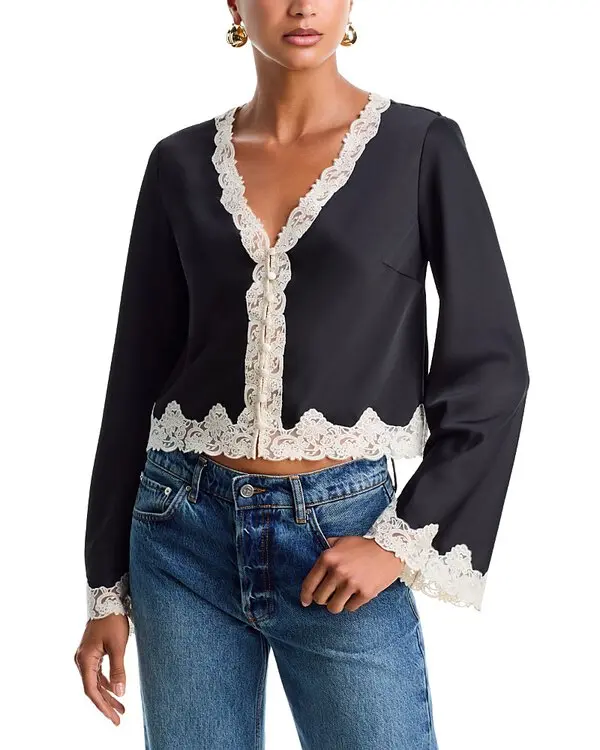 LoveShackFancy Lace Trimmed Long Sleeve Top
