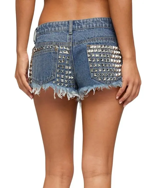 EDIKTED Studded Frayed Low Rise Denim Shorts