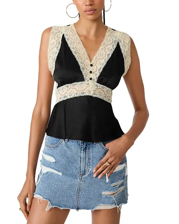 Steve Madden Elinor Sleeveless Lace Trim Top - Black