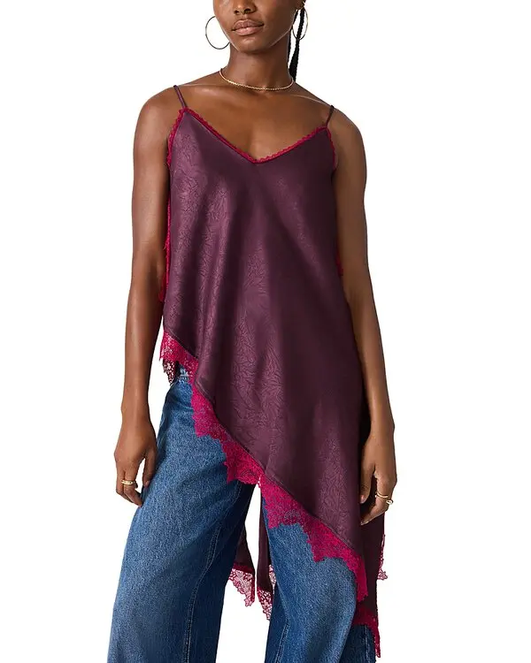 Steve Madden Asymmetrical Draped Lace Trim Top - Deep Fig