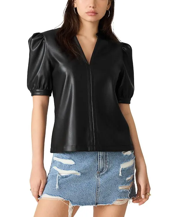 Steve Madden Cecila Faux Leather Puff Sleeve Top - Black