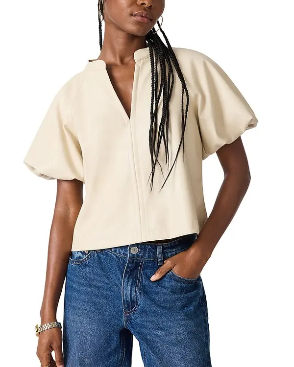 Steve Madden Cecila Faux Leather Puff Sleeve Top - Bone