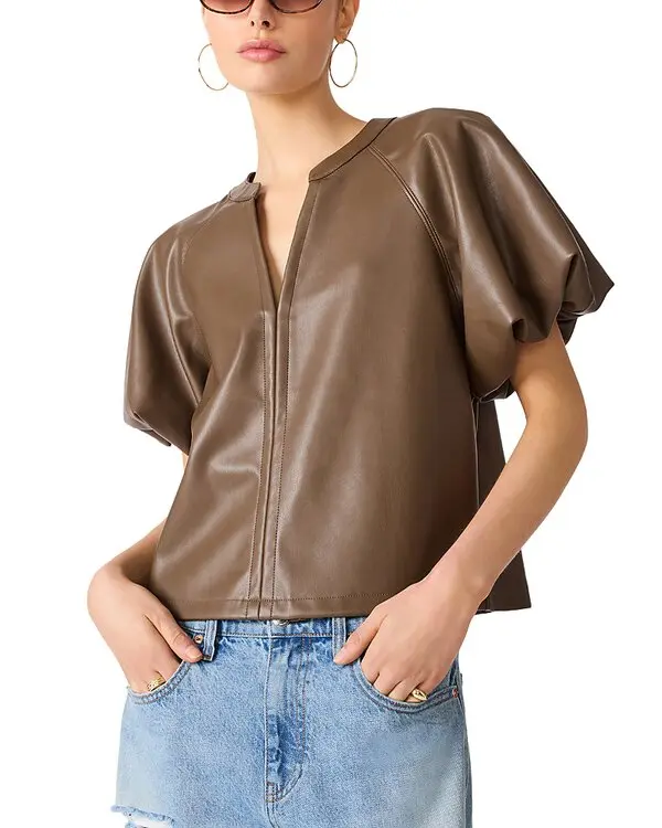 Steve Madden Cecila Faux Leather Puff Sleeve Top - Coco