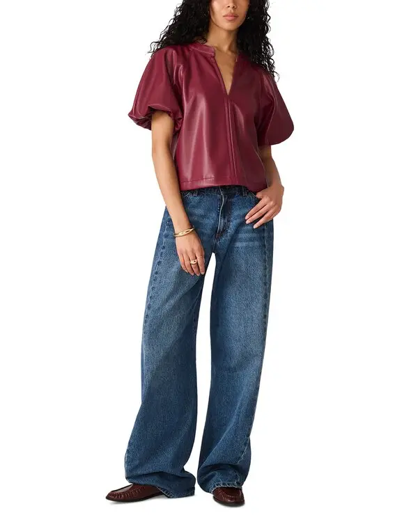 Steve Madden Cecila Faux Leather Puff Sleeve Top - Cordovan