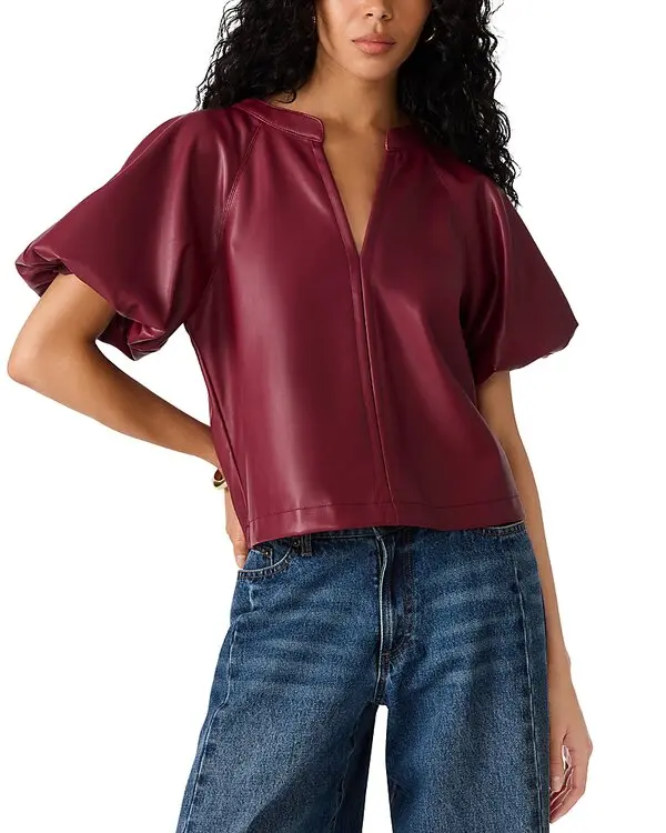 Steve Madden Cecila Faux Leather Puff Sleeve Top - Cordovan
