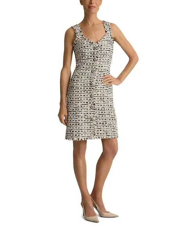 St. John Sleeveless Tweed Dress With Fringed Trim - Linen/black Multi