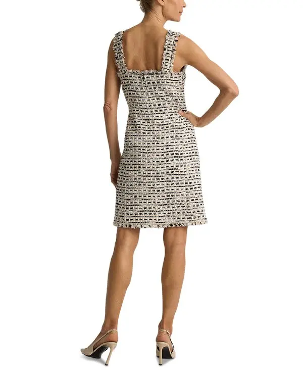 St. John Sleeveless Tweed Dress With Fringed Trim