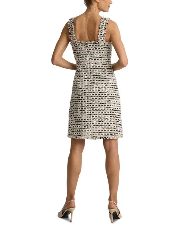 St. John Sleeveless Tweed Dress With Fringed Trim