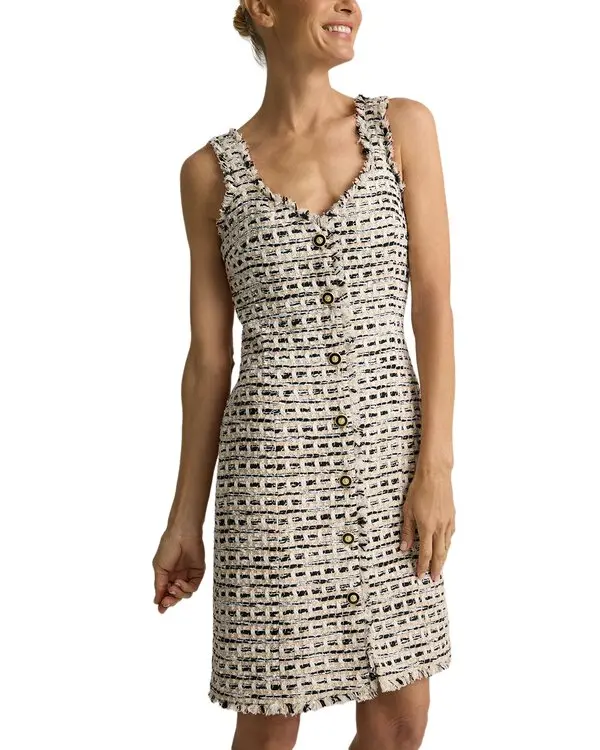St. John Sleeveless Tweed Dress With Fringed Trim