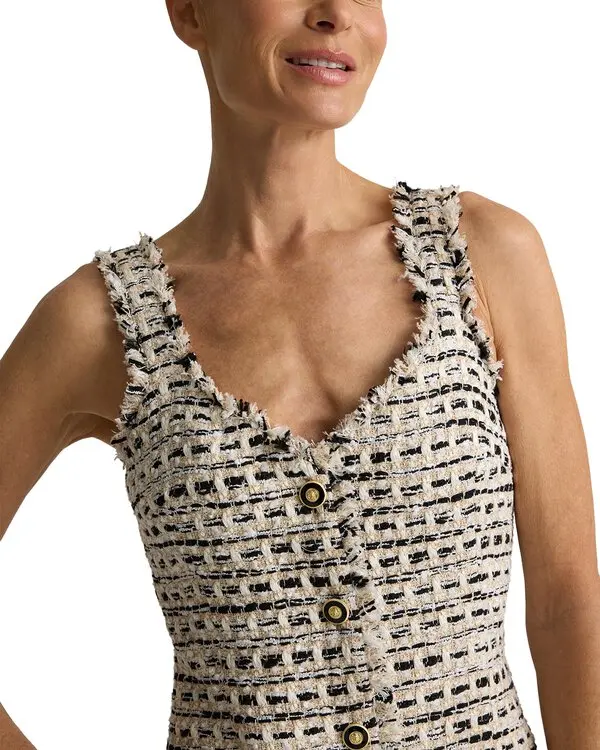 St. John Sleeveless Tweed Dress With Fringed Trim