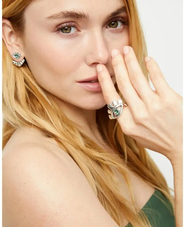 UNODE50 Sterling Plated Eye-shaped Ring With Green Faceted Crystal