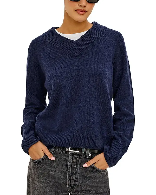 Rails Lidya Rib Trim V Neck Sweater - Navy