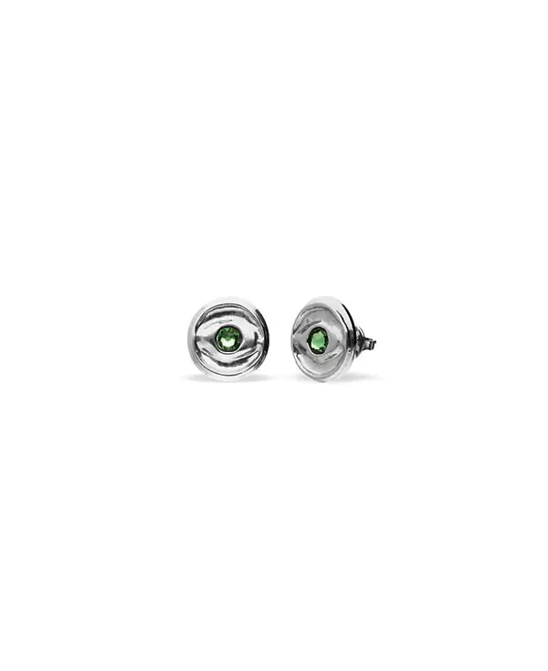 UNODE50 Plated Button Earrings With Green Faceted Crystal