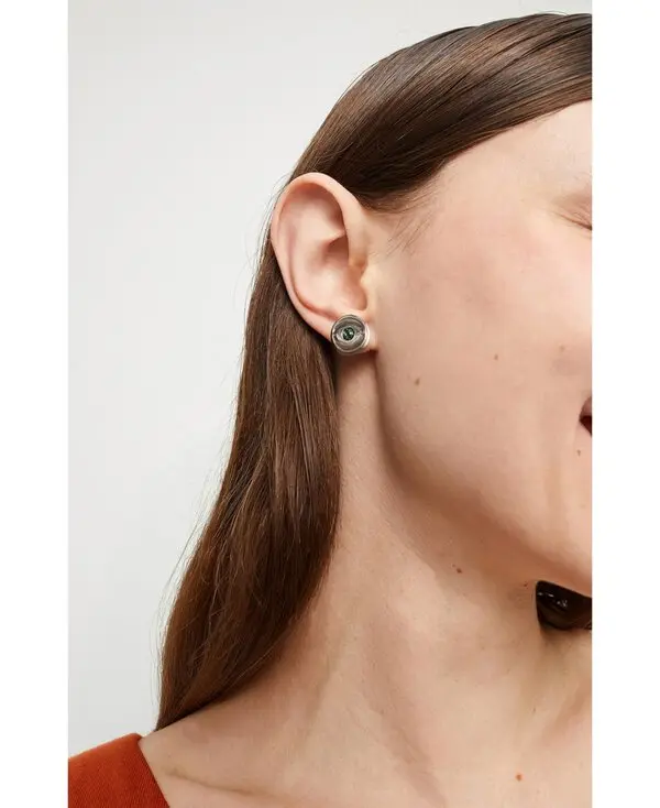 UNODE50 Plated Button Earrings With Green Faceted Crystal