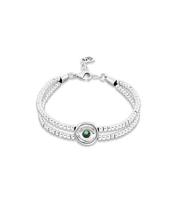 UNODE50 Double -plated Ball Bracelet With Eye Detail And Green Crystal - Silver