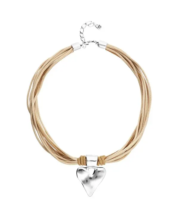 UNODE50 Sterling Silver Necklace With Leather And Heart Detail - Silver/beige