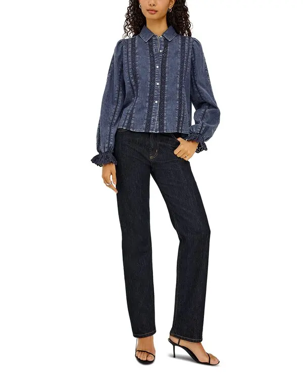Rails Cotton Denim Eyelet Blouse With Embroidered Details