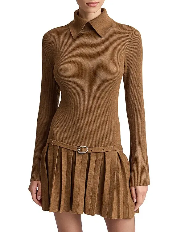Avec Les Filles Belted Drop Waist Pleated Sweater Dress - Russet