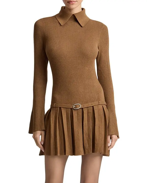 Avec Les Filles Belted Drop Waist Pleated Sweater Dress - Russet