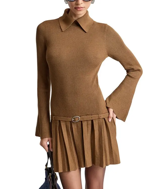 Avec Les Filles Belted Drop Waist Pleated Sweater Dress - Russet