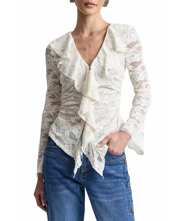 Avec Les Filles Chenille Lace Ruffle Cardigan Top - Ivory