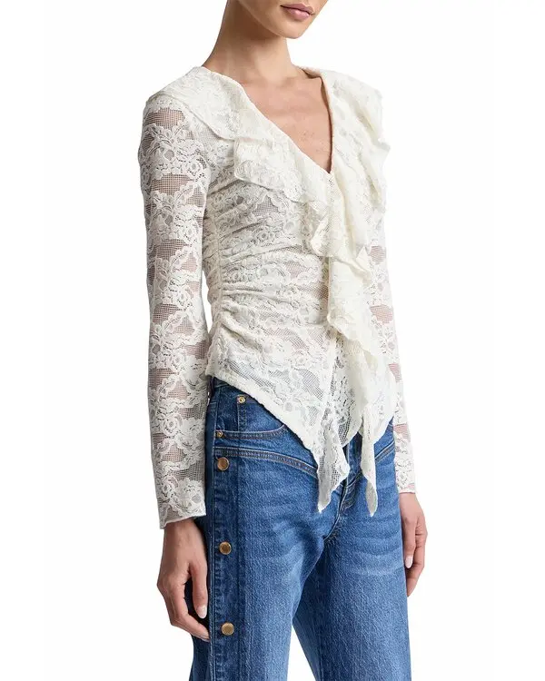 Avec Les Filles Chenille Lace Ruffle Cardigan Top - Ivory