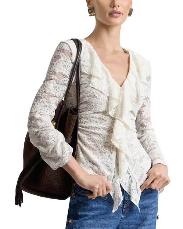 Avec Les Filles Chenille Lace Ruffle Cardigan Top - Ivory
