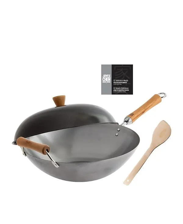 JOYCE CHEN Uncoated Carbon Steel Flat Bottom Wok Set With Lid And Birch Handles, 4 Pieces, 23.5 L X 14 W X 5.5 H - Black/silver/beige