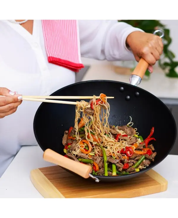JOYCE CHEN Preseasoned Cast Iron Flat Bottom Wok With Maple Handle, 23.25 L X 14 W X 6 H