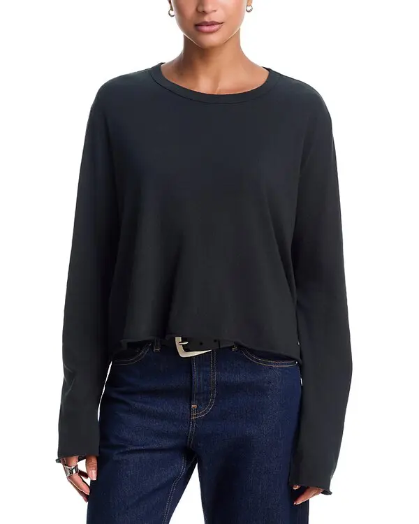 The Great. The Long Sleeve Cotton Cropped Tee - Almost Black