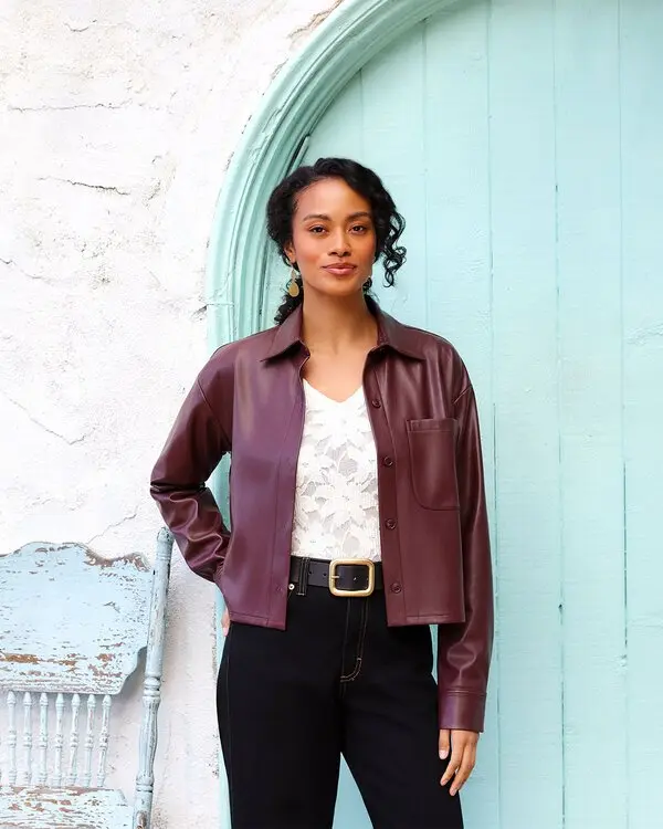 Karen Kane Faux Leather Long Sleeve Button Up Shirt
