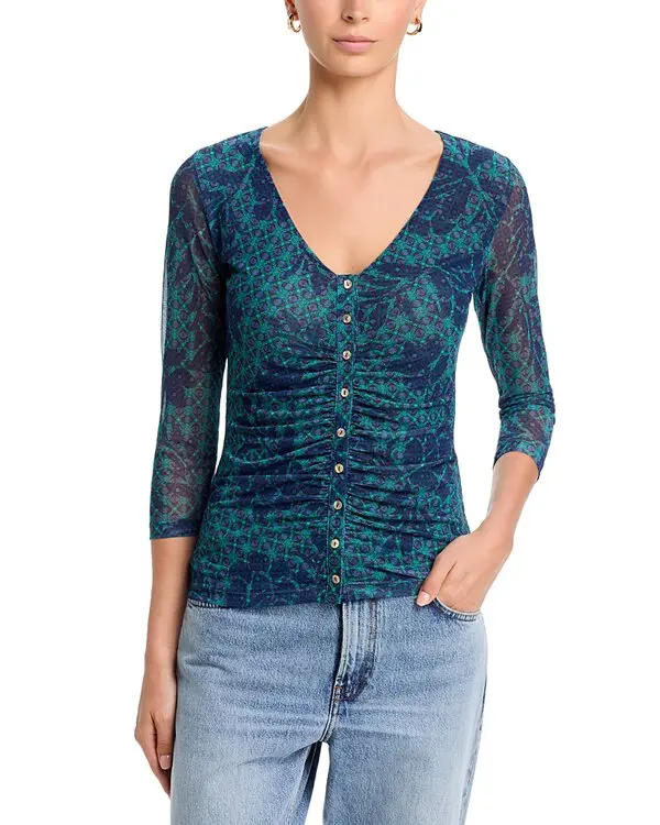Johnny Was Ruched Button Front Mesh Tee
